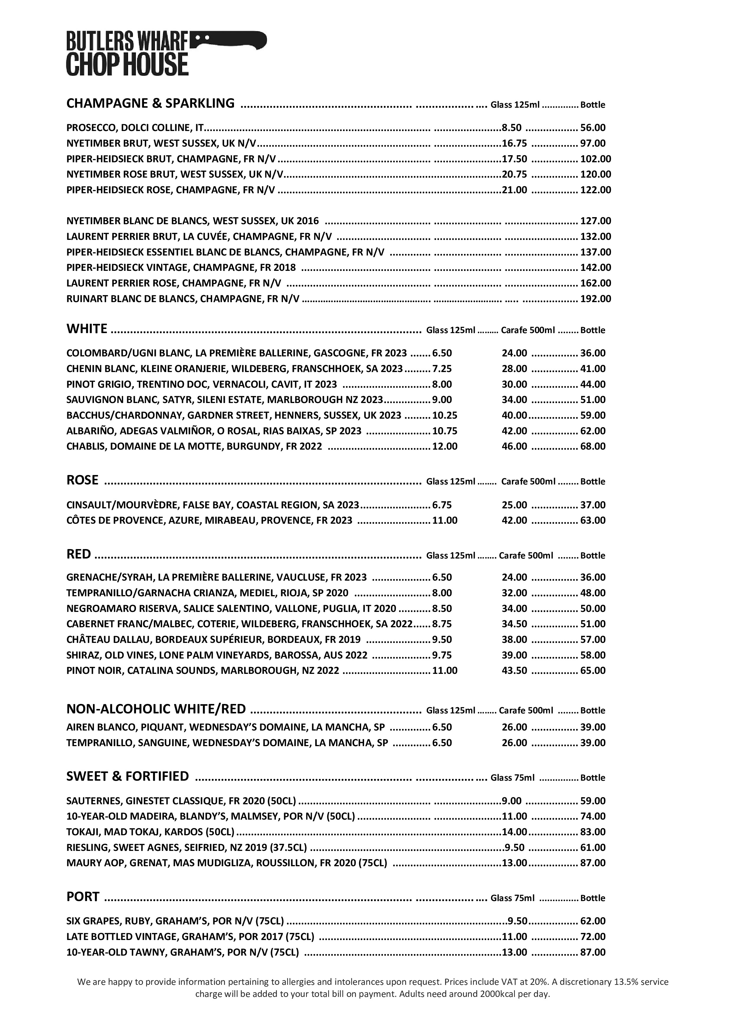 Wine List Butlers Wharf Chop House